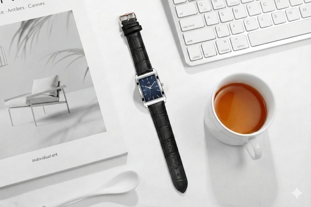 Classic Square Dial Men’s Watch – Black Leather Strap – Tick Zone