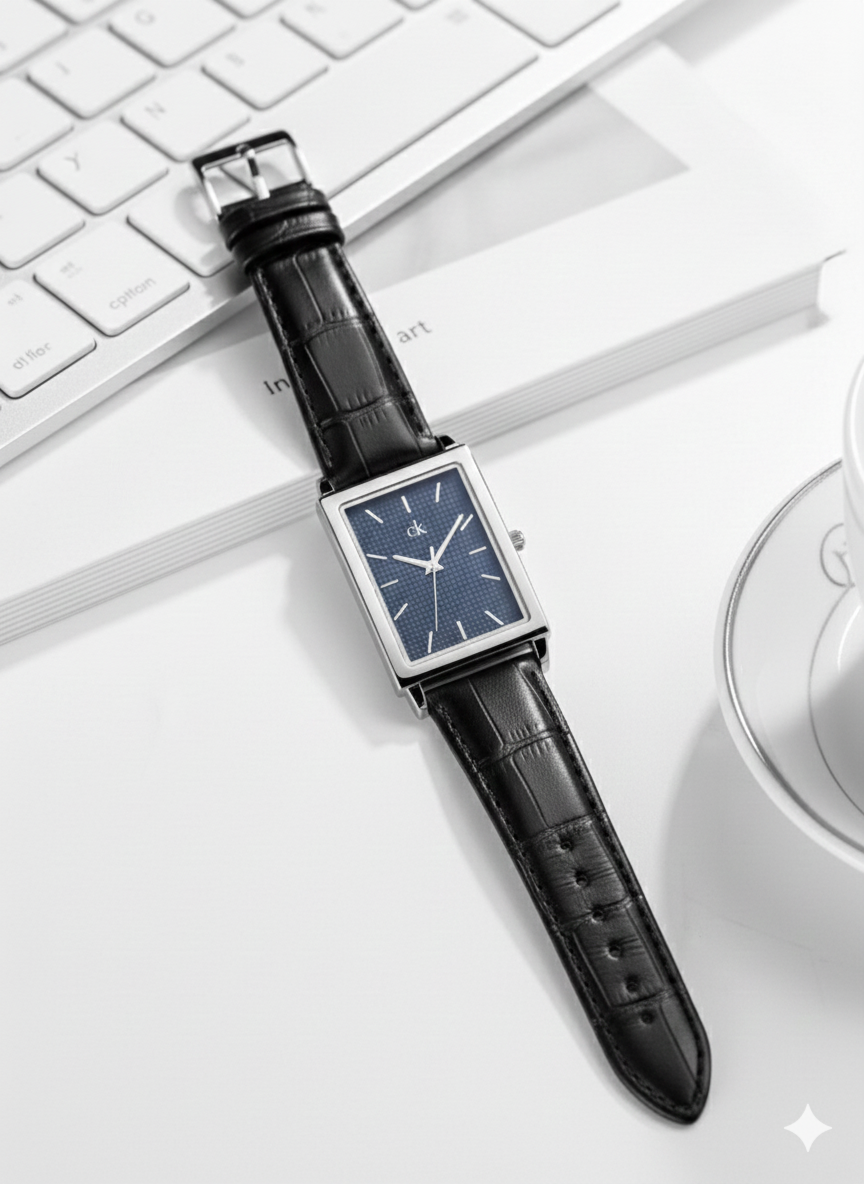 Classic Square Dial Men’s Watch – Black Leather Strap – Tick Zone